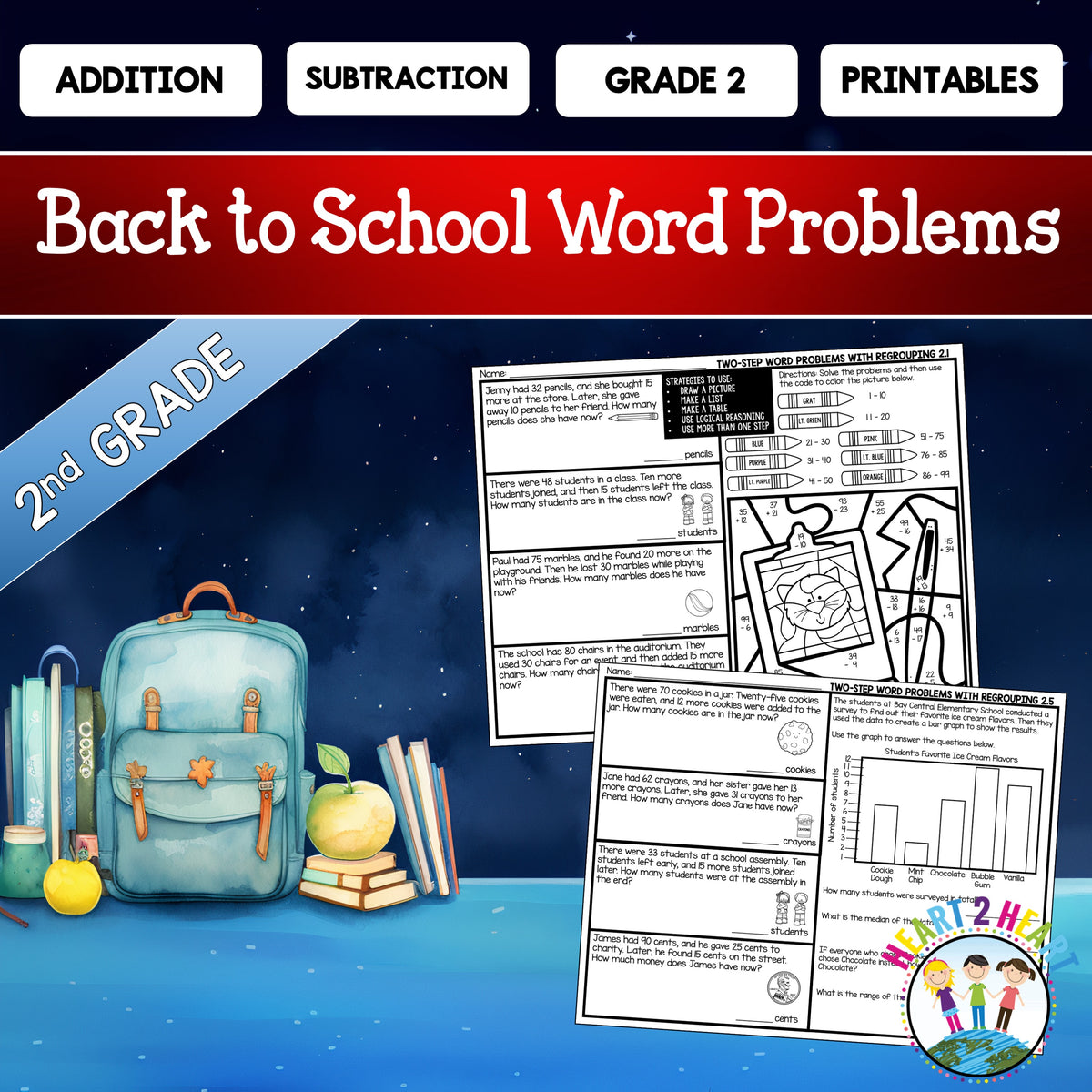 Grade 2 Addition and Subtraction Word Problems Back to School Math Pra ...