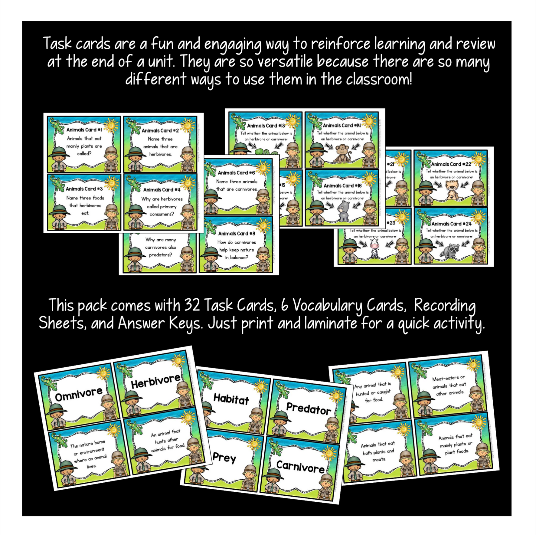 All About Animals: Carnivores, Herbivores, and Omnivores Task Cards ...