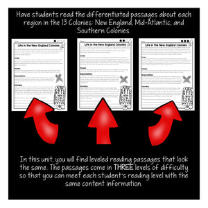 13 Colonies Unit with Leveled Passages, Activities, Flip Book & Test ...