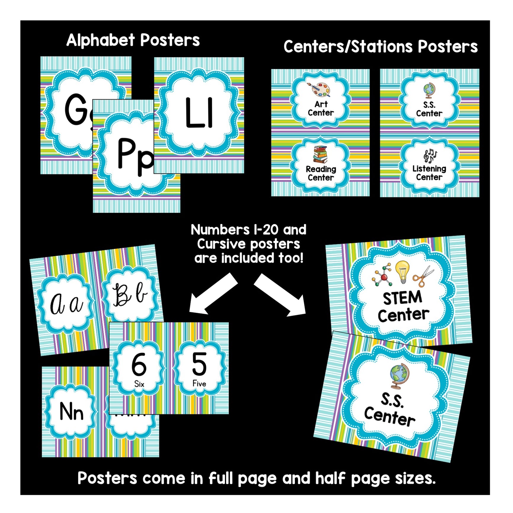 Turquoise, Lime Green, Purple Striped Classroom Decor Pack #13: Everyt ...